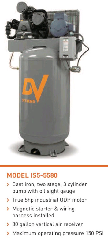 DV SYSTEMS 5 HP INDUSTRIAL AIR COMPRESSOR 150 PSI - Cast iron 2 stage 3 ...
